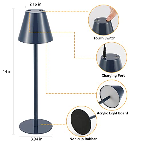 LEDLUX Cordless LED Table Lamp, Rechargeable Desk Lamp, Wireless Small Night Light, Metal Modern Desk Light, Stepless Dimming, Touch Switch, for Bedroom/Coffee Table/Restaurant/Garden(Blue,1 Pack)