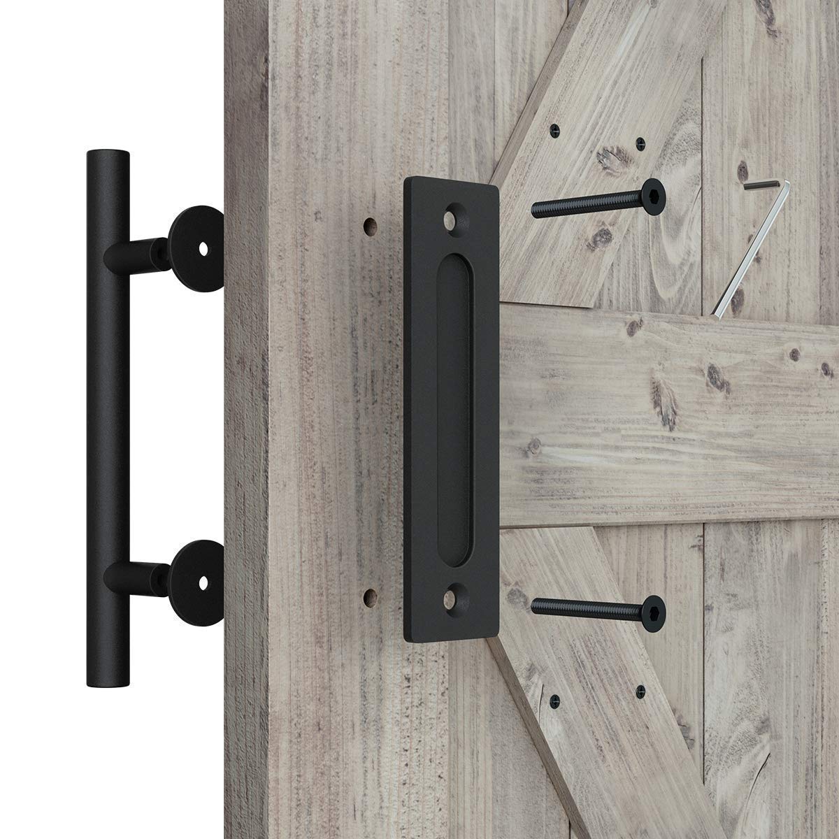 8ft Heavy Duty Sliding Barn Door Hardware Kit(J Shape) + Barn Door Bottom Adjustable Floor Guide Roller + 12" Pull and Flush Barn Door Handle + Barn Door Large Size Latch Lock