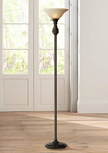 Regency Hill Traditional Torchiere Floor Lamp 70" Tall Hand Applied Black Bronze Swirl Font Amber Glass Shade Standing Pole Light for Living Room Reading House Bedroom Home Office Decor