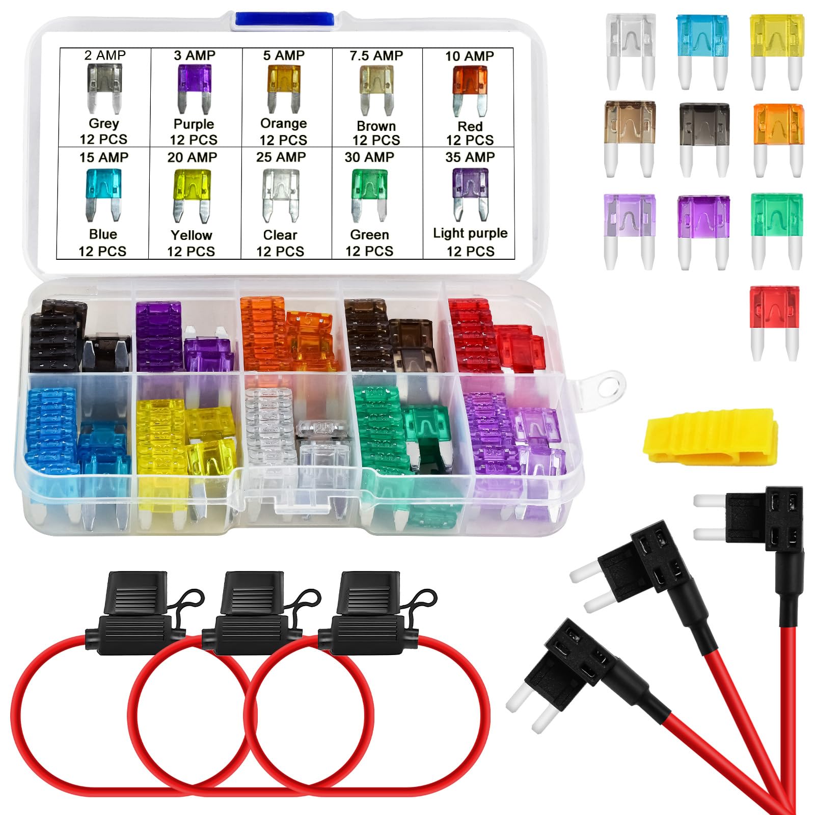 MuHize 120 Pcs Car Fuses & Tap Adapter, Upgraded ATM Assorted Blade Fuses with Inline 16 AWG Gauge Holder, Replacement for Automotive Us