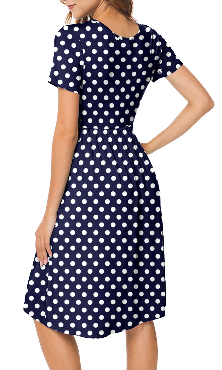 DB MOON Women Summer Casual Short Sleeve Dresses Empire Waist Dress with Pockets (Polka Dot Navy Blue, M)