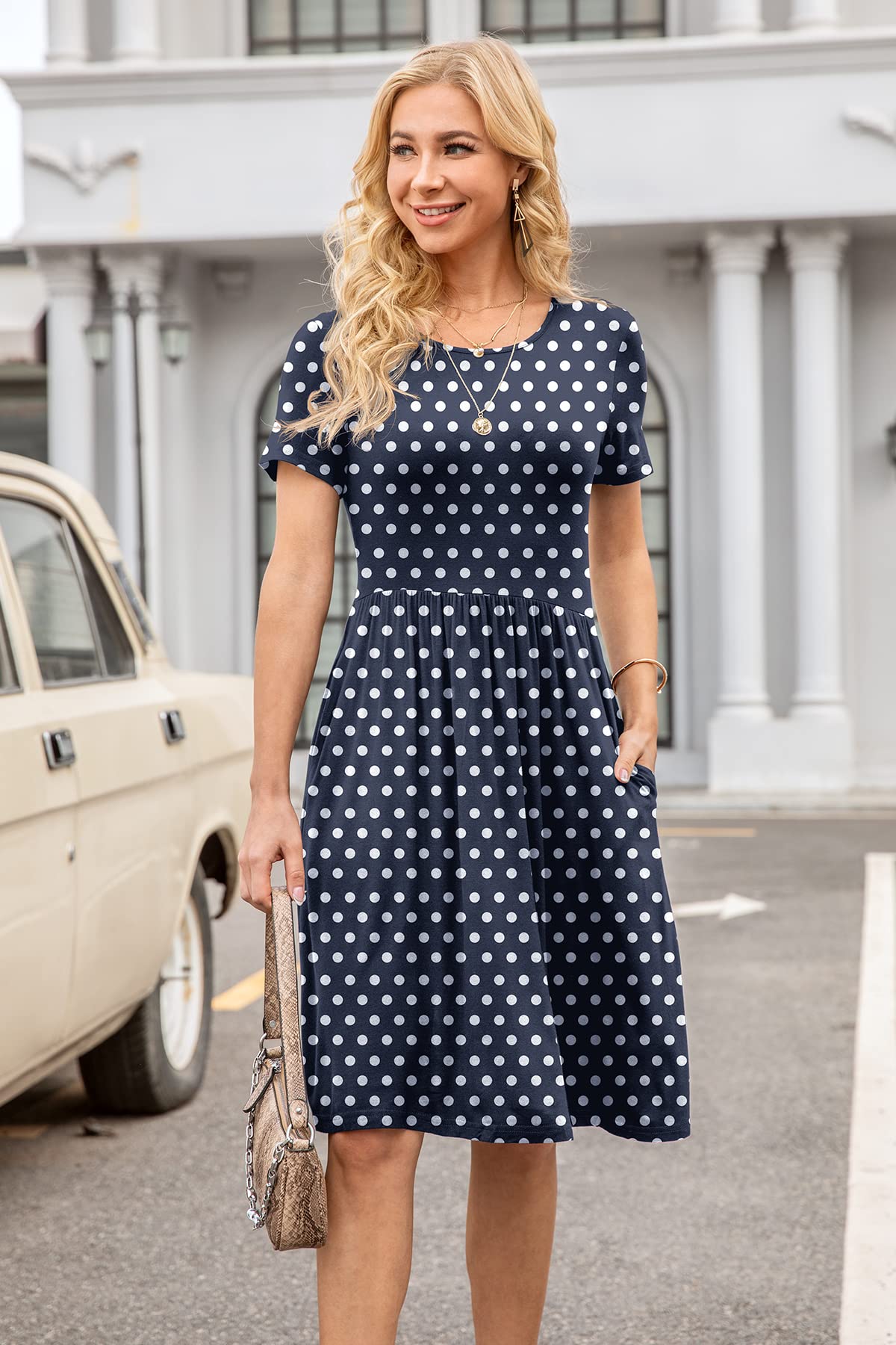 DB MOON Women Summer Casual Short Sleeve Dresses Empire Waist Dress with Pockets (Polka Dot Navy Blue, M)