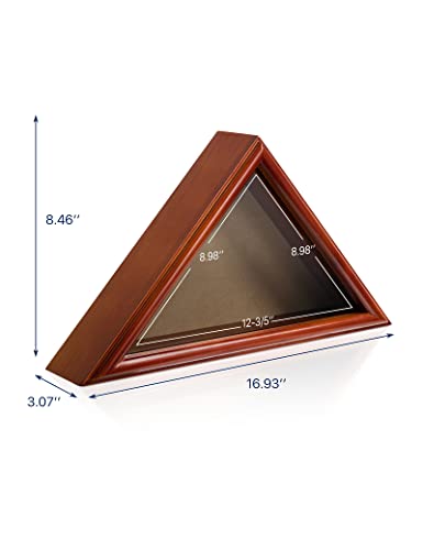 DecoWoodo Flag Box Display Case for 3'x5' Folded American Flag (Not for Burial Flag) - Wooden Military Veteran Flag Shadow Box with HD Tempered Glass, Wall Mounted Triangle Flag Frame, Brown