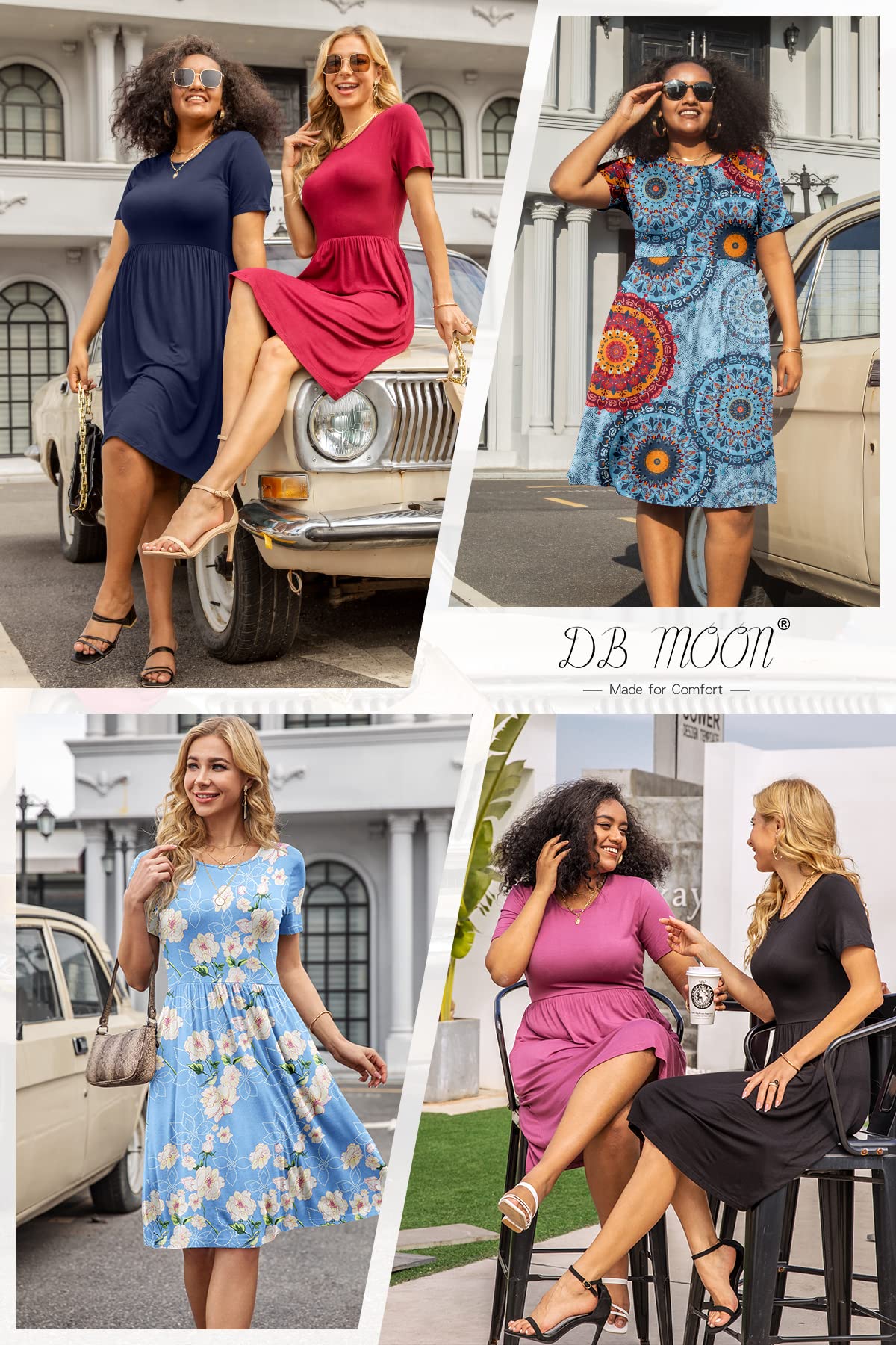 DB MOON Women Summer Casual Short Sleeve Dresses Empire Waist Dress with Pockets (Polka Dot Navy Blue, M)