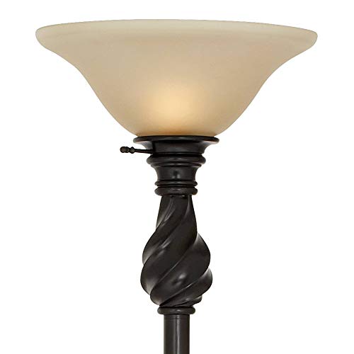 Regency Hill Traditional Torchiere Floor Lamp 70" Tall Hand Applied Black Bronze Swirl Font Amber Glass Shade Standing Pole Light for Living Room Reading House Bedroom Home Office Decor