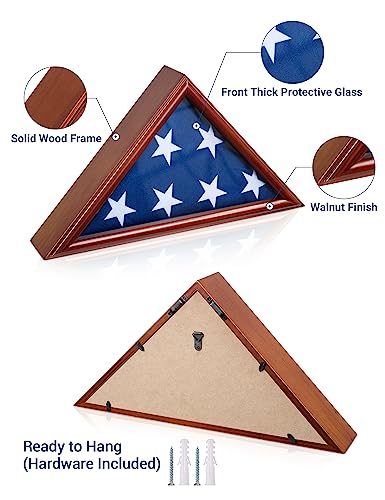 DecoWoodo Flag Box Display Case for 3'x5' Folded American Flag (Not for Burial Flag) - Wooden Military Veteran Flag Shadow Box with HD Tempered Glass, Wall Mounted Triangle Flag Frame, Brown