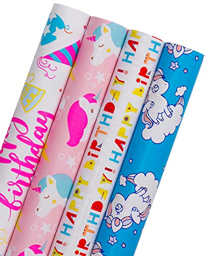 WRAPAHOLIC Birthday Wrapping Paper Roll - Unicorn Rainbow Pony Pink Blue with Cut Lines - 4 Rolls - 30 inch X 120 inch Per Roll