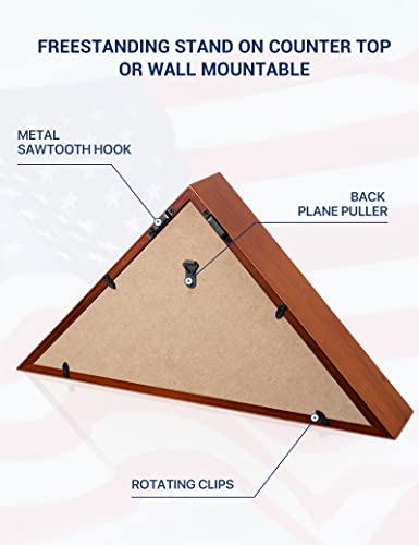 DecoWoodo Flag Box Display Case for 3'x5' Folded American Flag (Not for Burial Flag) - Wooden Military Veteran Flag Shadow Box with HD Tempered Glass, Wall Mounted Triangle Flag Frame, Brown
