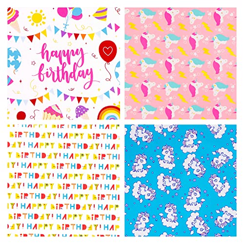 WRAPAHOLIC Birthday Wrapping Paper Roll - Unicorn Rainbow Pony Pink Blue with Cut Lines - 4 Rolls - 30 inch X 120 inch Per Roll