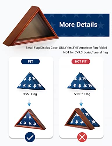 DecoWoodo Flag Box Display Case for 3'x5' Folded American Flag (Not for Burial Flag) - Wooden Military Veteran Flag Shadow Box with HD Tempered Glass, Wall Mounted Triangle Flag Frame, Brown
