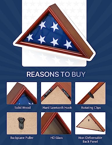 DecoWoodo Flag Box Display Case for 3'x5' Folded American Flag (Not for Burial Flag) - Wooden Military Veteran Flag Shadow Box with HD Tempered Glass, Wall Mounted Triangle Flag Frame, Brown