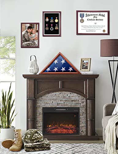 DecoWoodo Flag Box Display Case for 3'x5' Folded American Flag (Not for Burial Flag) - Wooden Military Veteran Flag Shadow Box with HD Tempered Glass, Wall Mounted Triangle Flag Frame, Brown