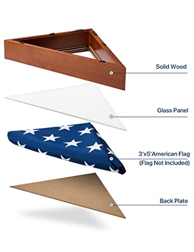 DecoWoodo Flag Box Display Case for 3'x5' Folded American Flag (Not for Burial Flag) - Wooden Military Veteran Flag Shadow Box with HD Tempered Glass, Wall Mounted Triangle Flag Frame, Brown