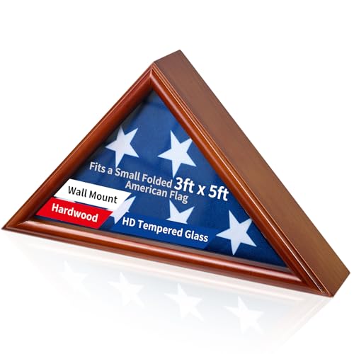 DecoWoodo Flag Box Display Case for 3'x5' Folded American Flag (Not for Burial Flag) - Wooden Military Veteran Flag Shadow Box with HD Tempered Glass, Wall Mounted Triangle Flag Frame, Brown