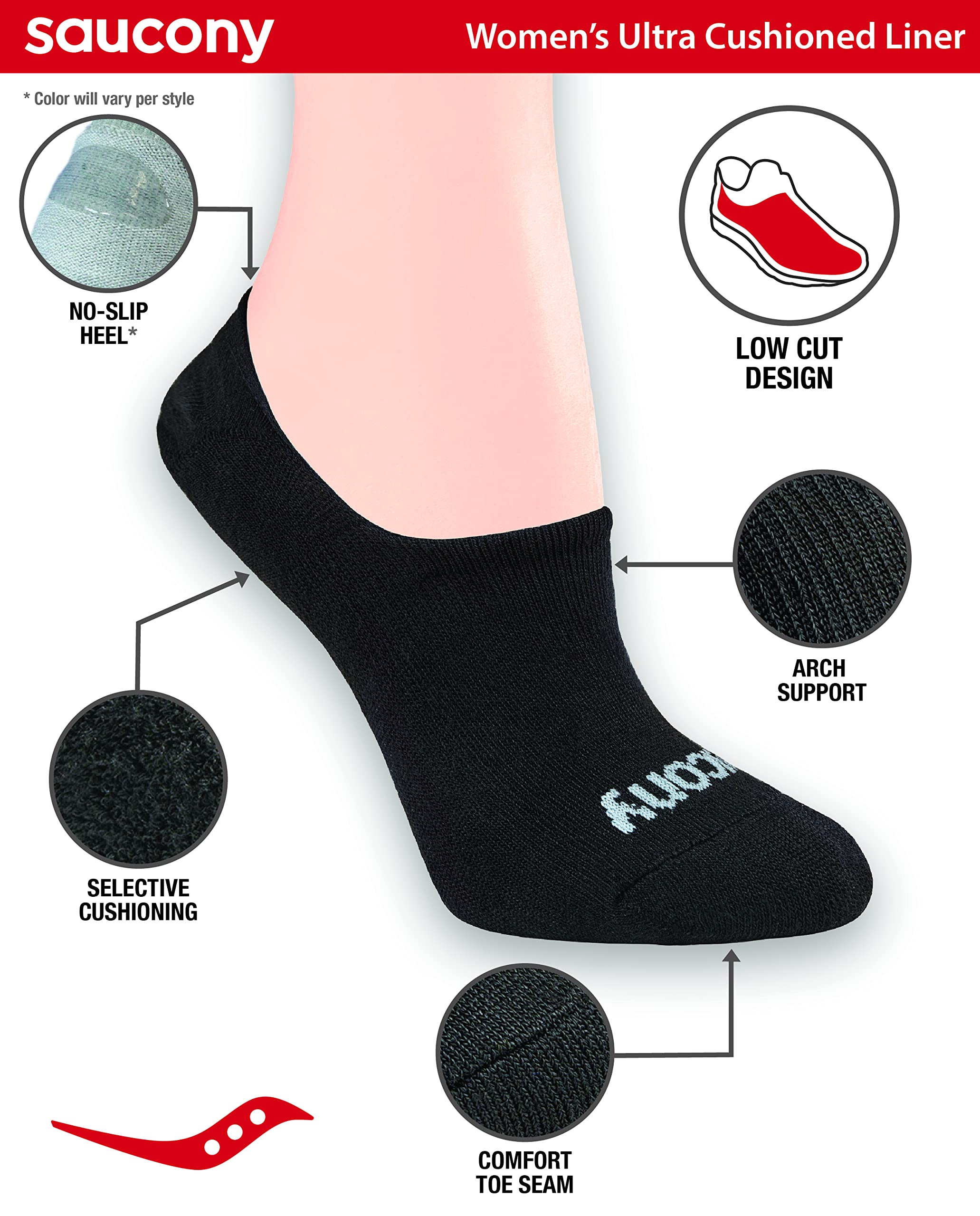 Saucony womens 8 Pairs No Show Cushioned Invisible Liner Running Socks, Black Basic (8 Pairs), Shoe Size 6-10 US