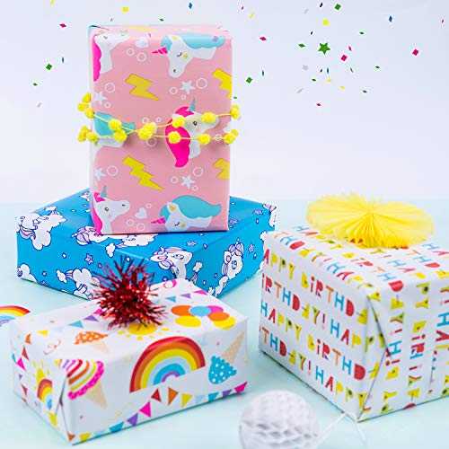 WRAPAHOLIC Birthday Wrapping Paper Roll - Unicorn Rainbow Pony Pink Blue with Cut Lines - 4 Rolls - 30 inch X 120 inch Per Roll