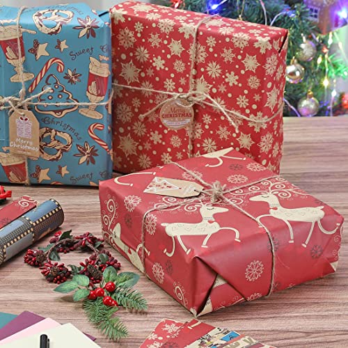 SmoTecQ Christmas Gift Wrapping Paper, Made from Recycled Kraft Paper, 10 Pack 70X50CM Folded Sheets with 10 Gift Tags