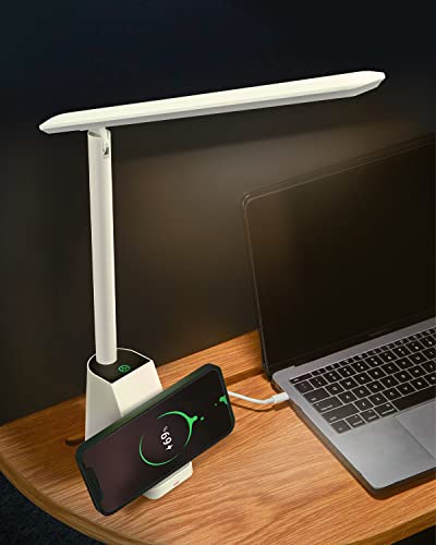 seebest Rechargeable Desk Lamp with 15W Fast Wireless Charger, USB Charging Port, Table Lamp for Home Office, Touch Control Eye-Caring Stepless Dimming, Foldable Little Lamp, for Reading Work