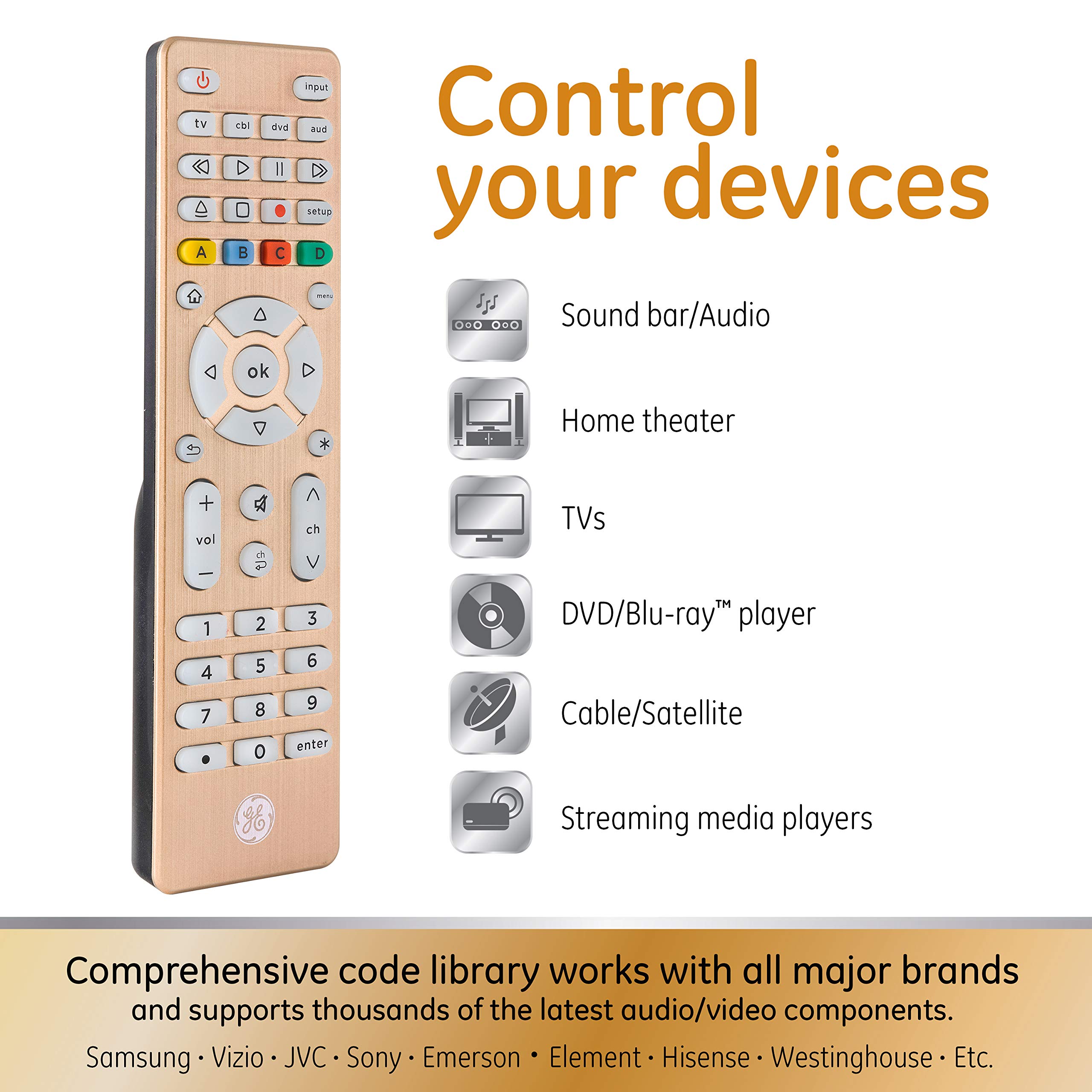 GE Universal Remote Control, Samsung TV Remote, Universal TV Remote for Roku TV, Vizio, LG, Sony, Sharp, Roku, Apple TV, TCL, Panasonic, Smart TVs, Streaming Players, Blu-ray, DVD, 4-Device, Gold