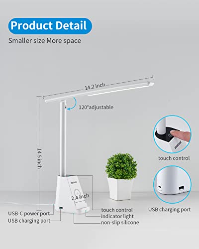 seebest Rechargeable Desk Lamp with 15W Fast Wireless Charger, USB Charging Port, Table Lamp for Home Office, Touch Control Eye-Caring Stepless Dimming, Foldable Little Lamp, for Reading Work