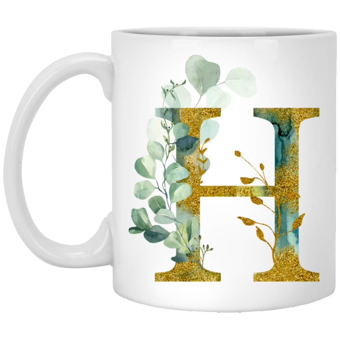 Moon9xx Alpha/H Graphic Letter H Coffee Mug - 11oz Ceramic Floral Alphabet Monogram H - Gold Shimmer - BPA Free - Modern - Reusable - Microwave Safe - Hot Drinks - Home - Birthday, Christmas - Mug