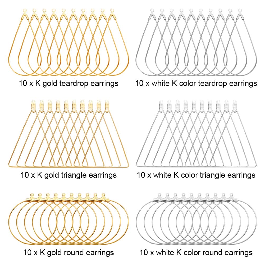 60pcs Earrings Beading Hoop Earring Finding Teardrop Earring Triangle Earring Round Hoop Earring for Jewelry Making DIY Crafts Art Creation Women Gift
