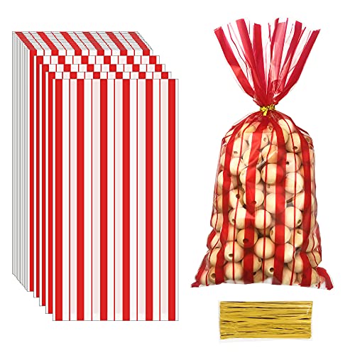 TOSPARTY 150 PCS Clear Plastic Cellophane Treat Bags Red and White Stripe Printed Clear Circus Carnival Party Cookie Candy Goody Bags for Birthday Carnival Party Cookie Candy Treat Favor