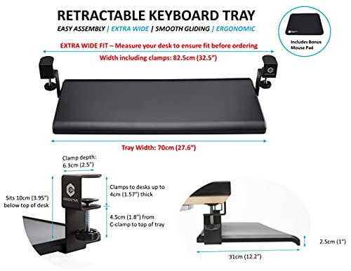 ErgoActive Extra Wide Under Desk Keyboard Tray with Clamp On Easy Installation, Fits Full Size Keyboard and Mouse, Office, Home, School, Gaming Keyboard Tray (32" x 12.2")