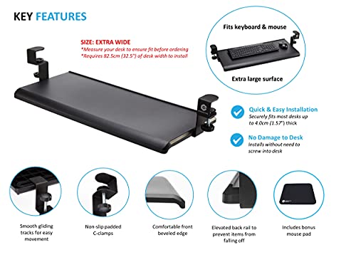 ErgoActive Extra Wide Under Desk Keyboard Tray with Clamp On Easy Installation, Fits Full Size Keyboard and Mouse, Office, Home, School, Gaming Keyboard Tray (32" x 12.2")