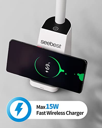seebest Rechargeable Desk Lamp with 15W Fast Wireless Charger, USB Charging Port, Table Lamp for Home Office, Touch Control Eye-Caring Stepless Dimming, Foldable Little Lamp, for Reading Work