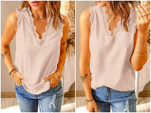 lime flare Women Sexy Deep V Neck Lace Trim Cami Tank Tops Solid Casual Lacy Camisole Shirt (S,D#Apricot Eyelash Lace)