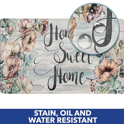 Home Dynamix Cozy Living Home Sweet Home Floral Runner Anti-Fatigue Kitchen Mat, Non-Slip Floor Mat, Padded Standing Desk Mat, Grey/Blue, 17.5"x30"
