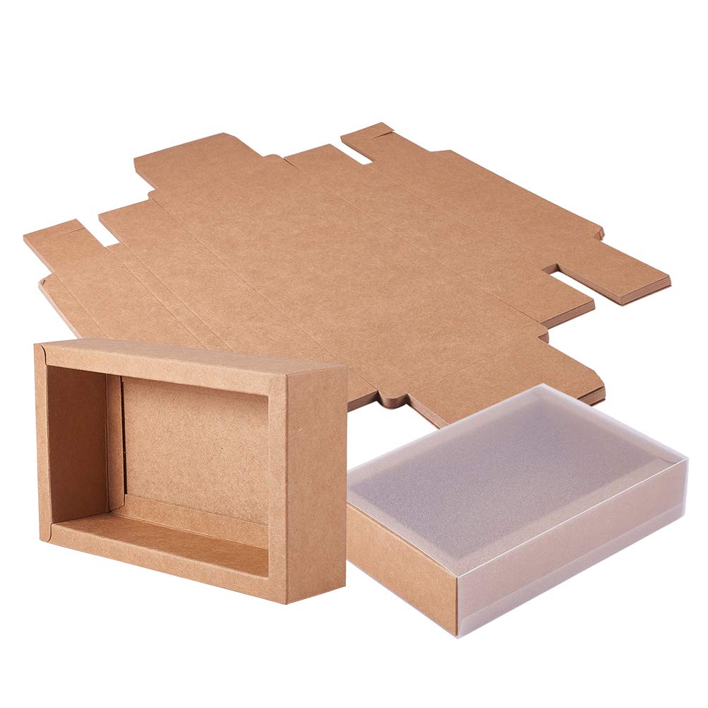 BENECREAT 12Packs Large Rectangle Brown Kraft Boxes Heavy Duty Gift Box with Clear PVC Windows 6.5x4x1.5 for Party Favor Treats, Bakery, Jewelry, Wedding Gift Packaging