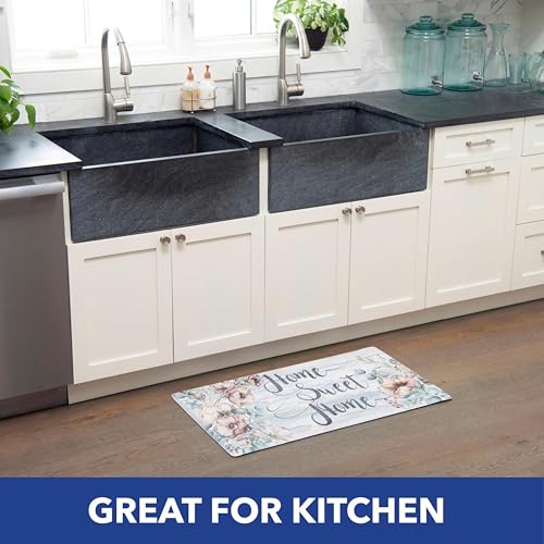 Home Dynamix Cozy Living Home Sweet Home Floral Runner Anti-Fatigue Kitchen Mat, Non-Slip Floor Mat, Padded Standing Desk Mat, Grey/Blue, 17.5"x30"