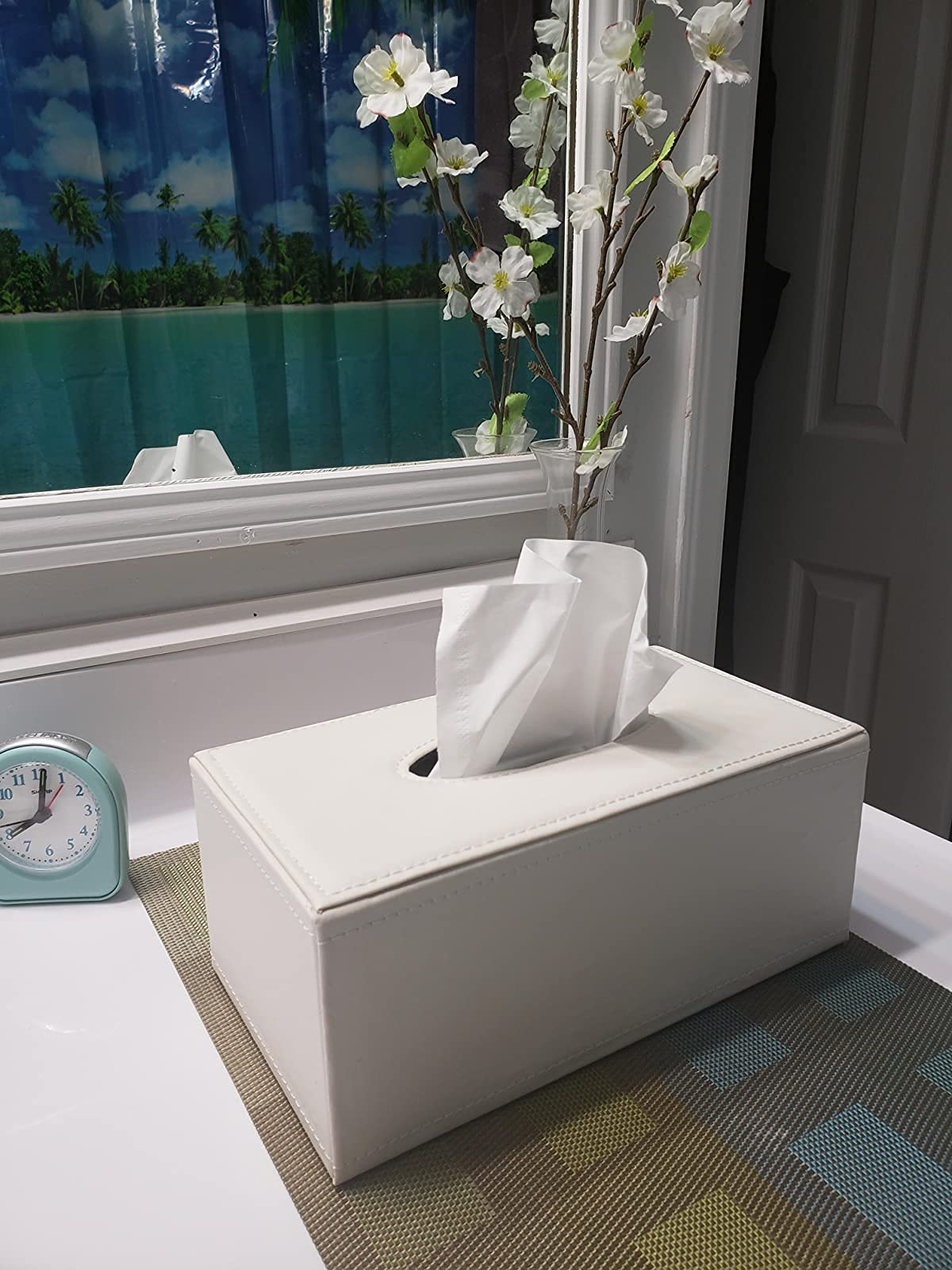 Cq acrylic Rectangular PU Leather Tissue Box Cover Holder,Modern Square Facial Tissue Holder Case Dispenser for Home and Car Decoration,Off White