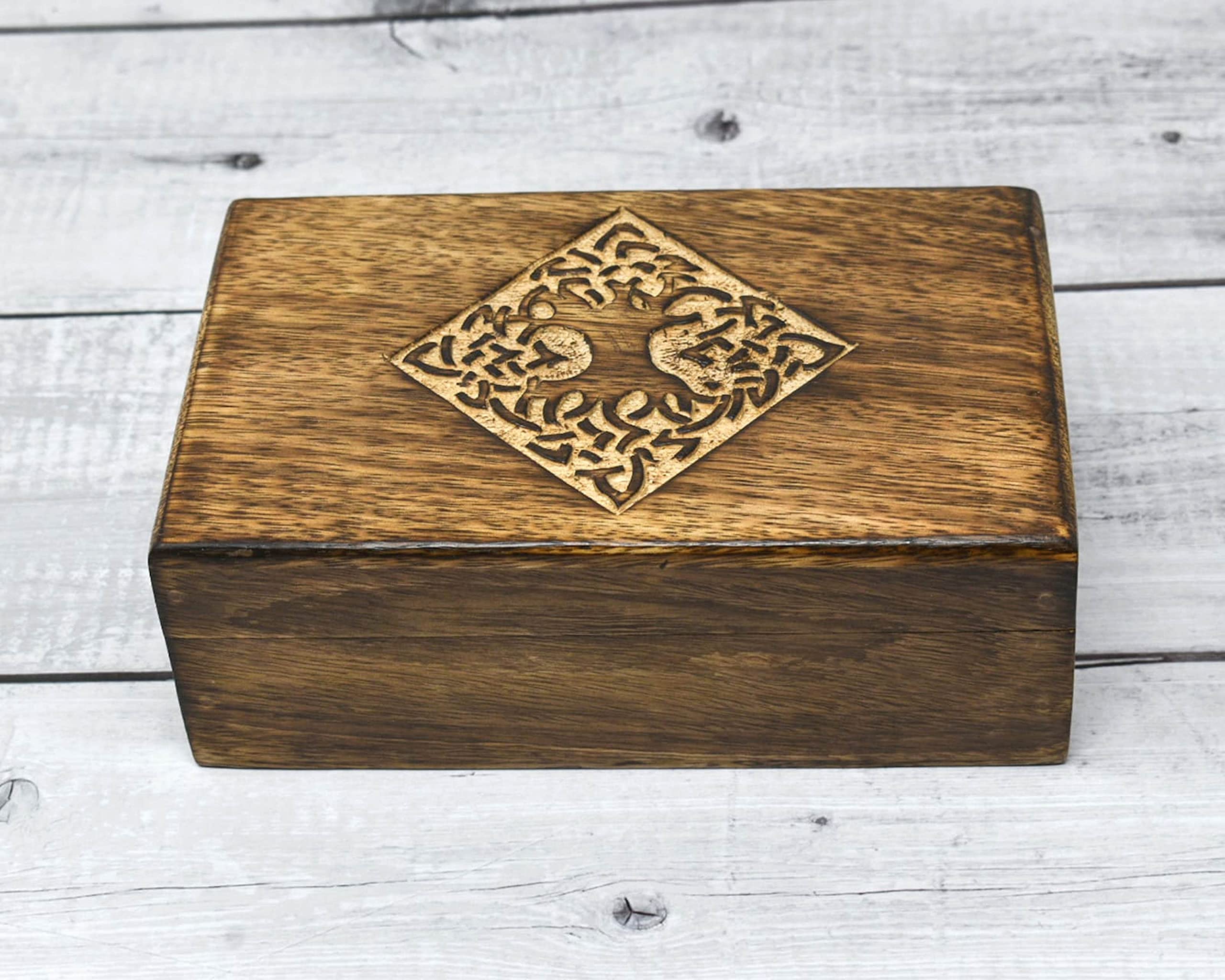 Ajuny Hand Carved Decorative Wooden Jewelry Box Celtic Centre Design Rustic Finish Keepsake Storage Travel Organizer Treasure Chest Trinket Holder Great for Gifts