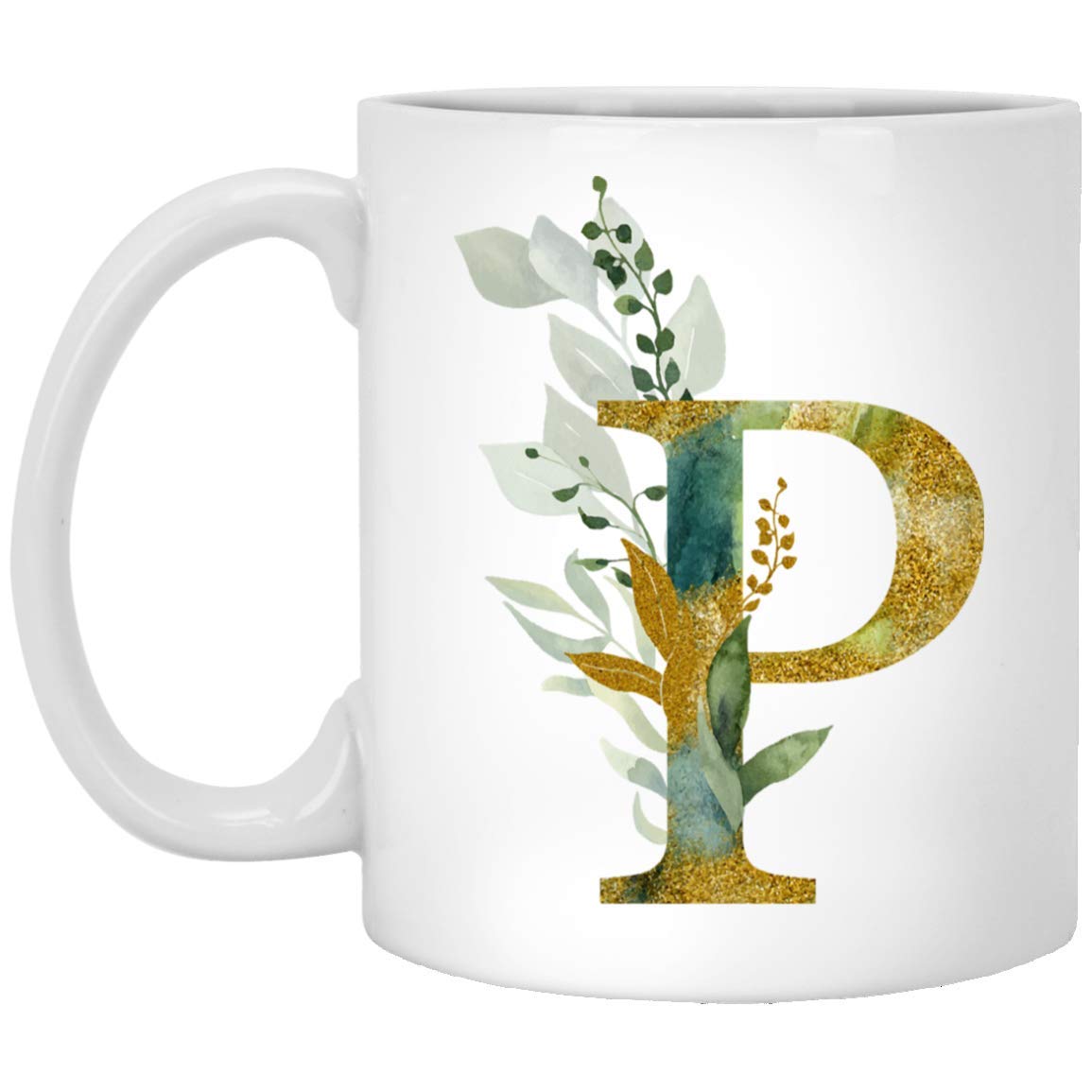 Alpha/P Graphic Letter P Coffee Mug - Gold Shimmer Floral Alphabet Monogram Tea Cup for Her Birthday, Christmas, Mother's Day - 11oz