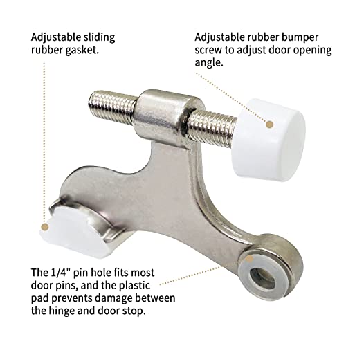 10 Pack Hinge Door Stoppers, Heavy Duty Door Stopper Hinge, Rubber Bumper Tips, Zinc Alloy, SN (Silver)