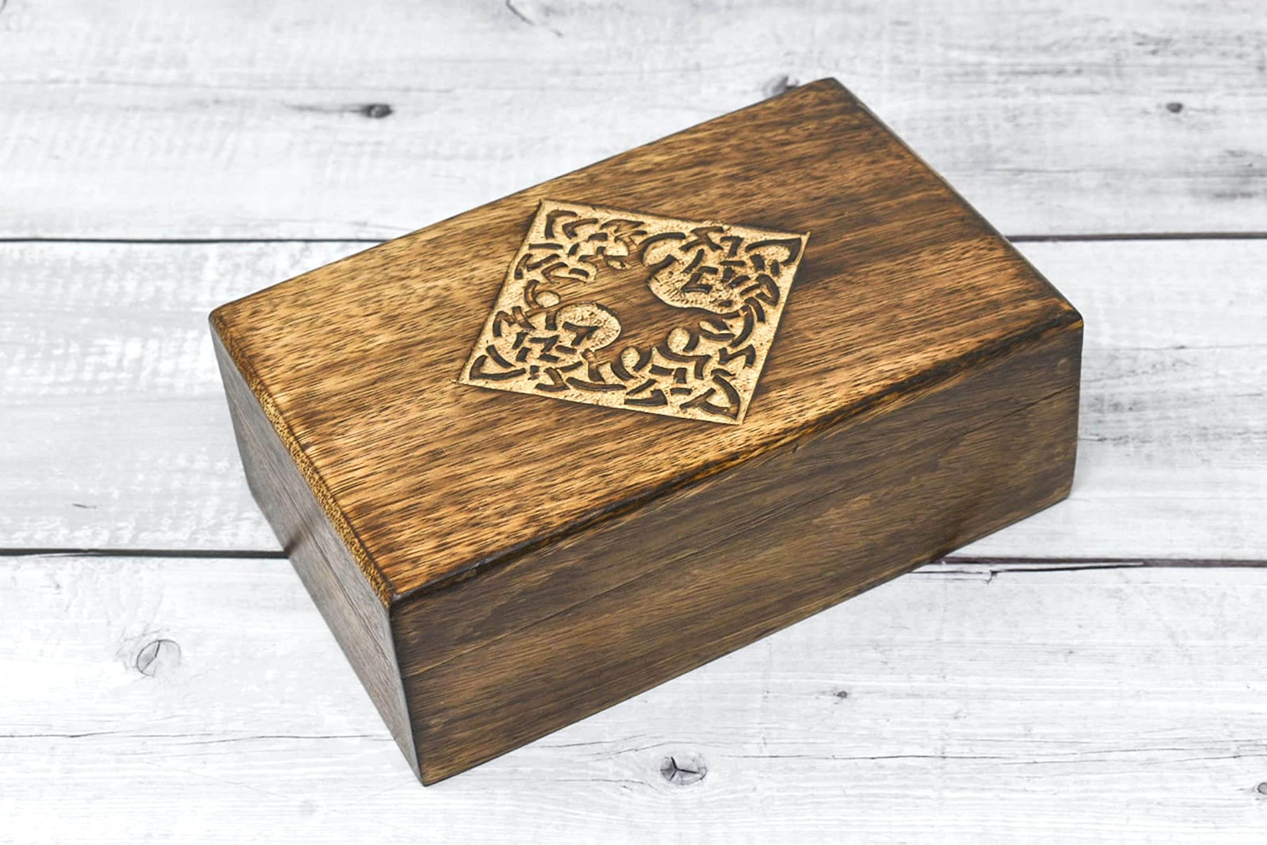 Ajuny Hand Carved Decorative Wooden Jewelry Box Celtic Centre Design Rustic Finish Keepsake Storage Travel Organizer Treasure Chest Trinket Holder Great for Gifts