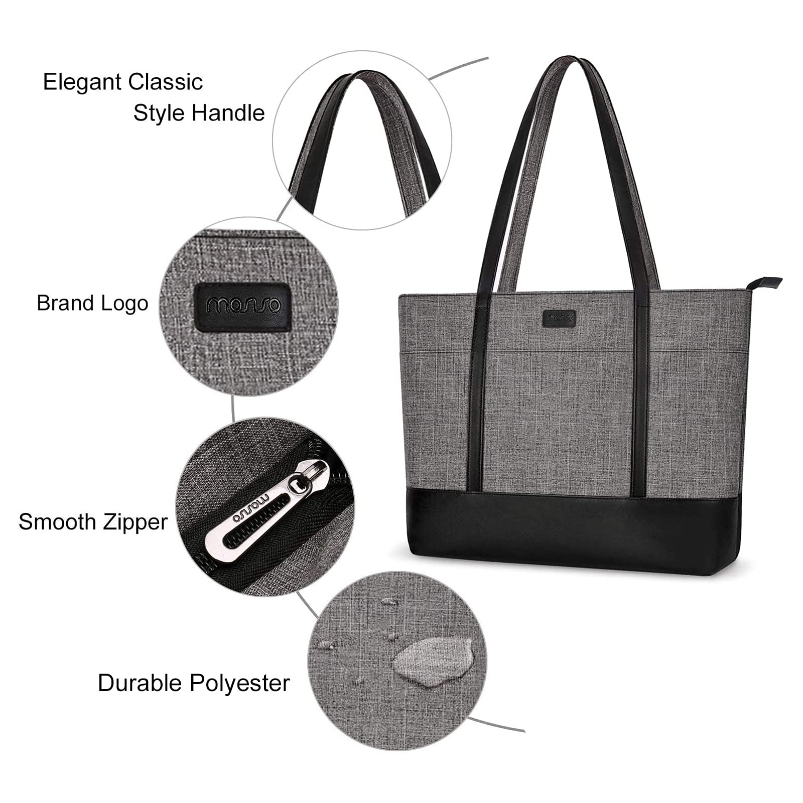 MOSISO Laptop Tote Bag for Women (17-17.3 inch), Polyester PU Leather Lightweight Business Travel School Bag with Front 3 Pockets