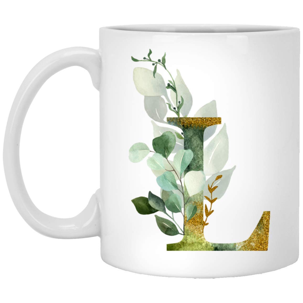 Alpha/L Graphic Letter L Coffee Mug - Alphabet Letter Monogram L - Gold Shimmer Any Letter Floral Alphabet Tea Coffee Hot Chocolate Cup For Her Birthday Christmas Mothers Day Coffee Mug 11oz
