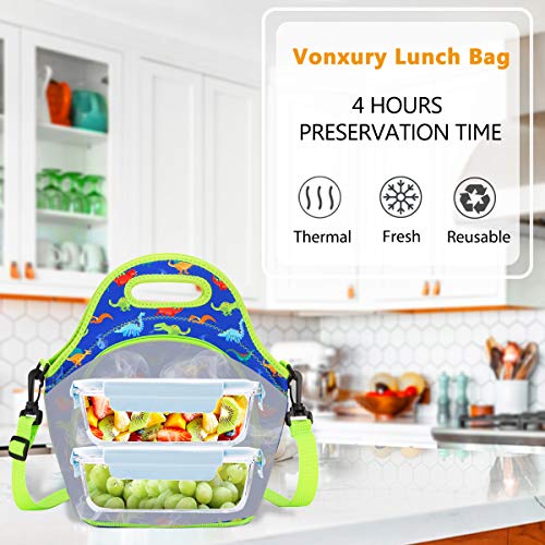 VX VONXURY Lunch Bag for Boys, Neoprene Small Lunch Box Bag for Kids Cute Insulated Thermal Lunch Tote with Removable Shoulder Strap, Dinosaur
