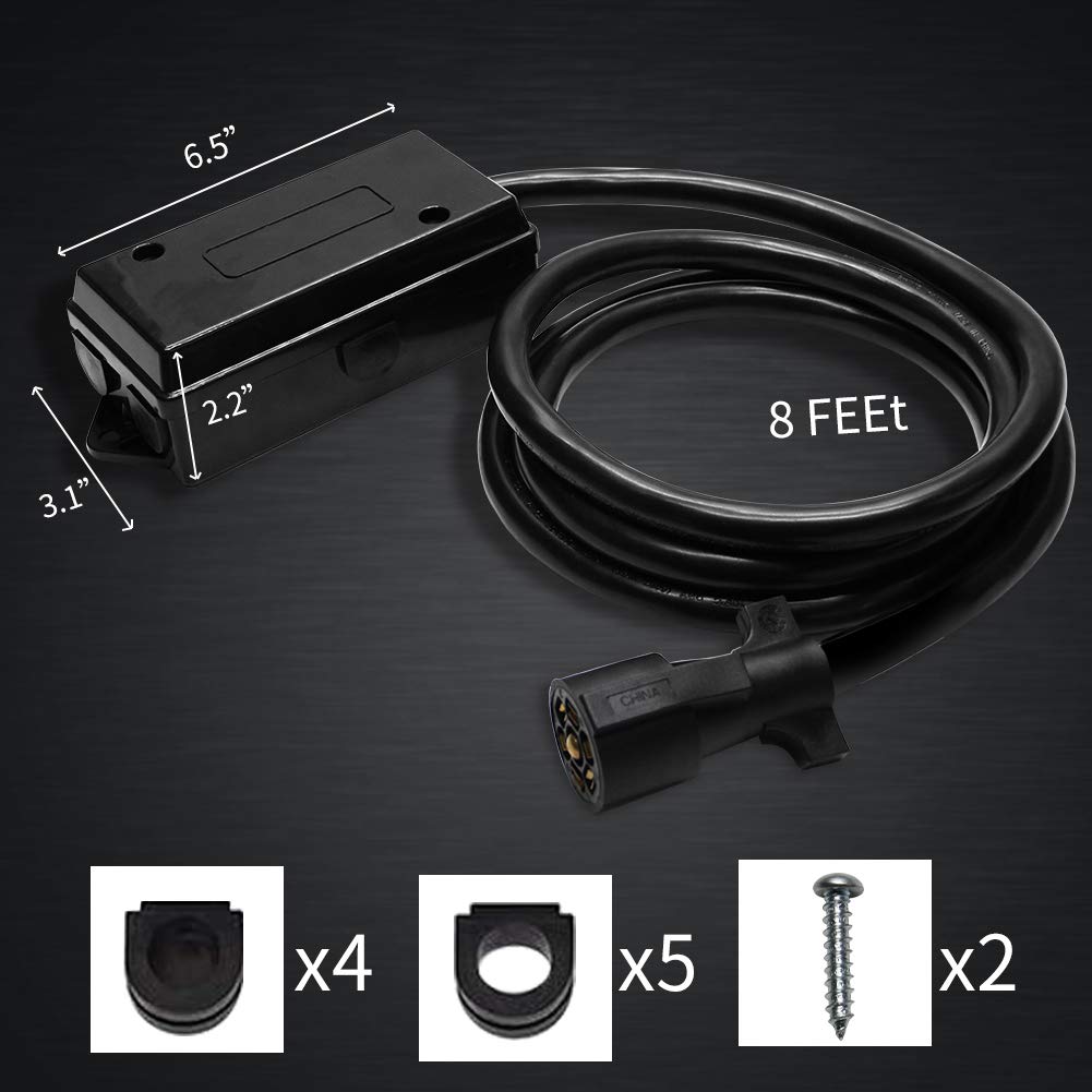 OPL5 7 Way Trailer Plug 8 Feet Heavy Duty Inline Trailer Cord with 7 Gang Wiring Junction Box Weatherproof 7 Pin Trailer Wiring Harness Include Plug Holder for Campers Caravans Food Vans