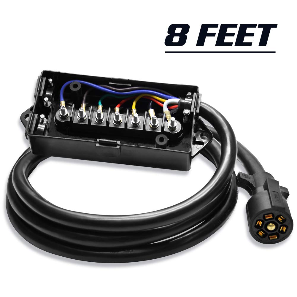 OPL5 7 Way Trailer Plug 8 Feet Heavy Duty Inline Trailer Cord with 7 Gang Wiring Junction Box Weatherproof 7 Pin Trailer Wiring Harness Include Plug Holder for Campers Caravans Food Vans