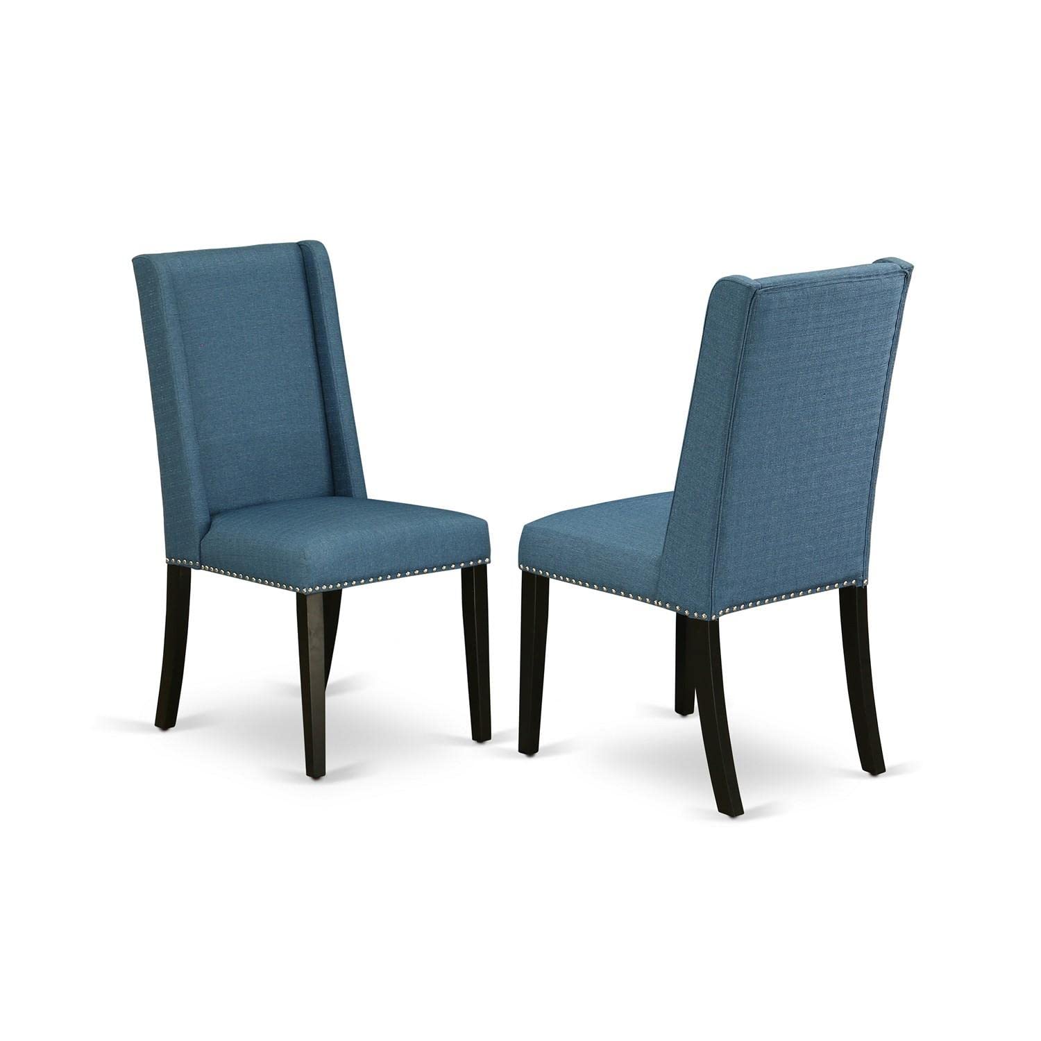 East West Furniture DLFL5-ABK-21 5 Piece Dining Room Table Set Includes a Round Dining Table with Dropleaf and 4 Blue Linen Fabric Upholstered Parson Chairs, 42x42 Inch, Wirebrushed Black