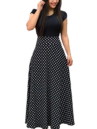 Aublary Womens Short Sleeve Floral Print Maxi Dress Round Neck Casual Tunic Long Maxi Dress, Polka Dots M
