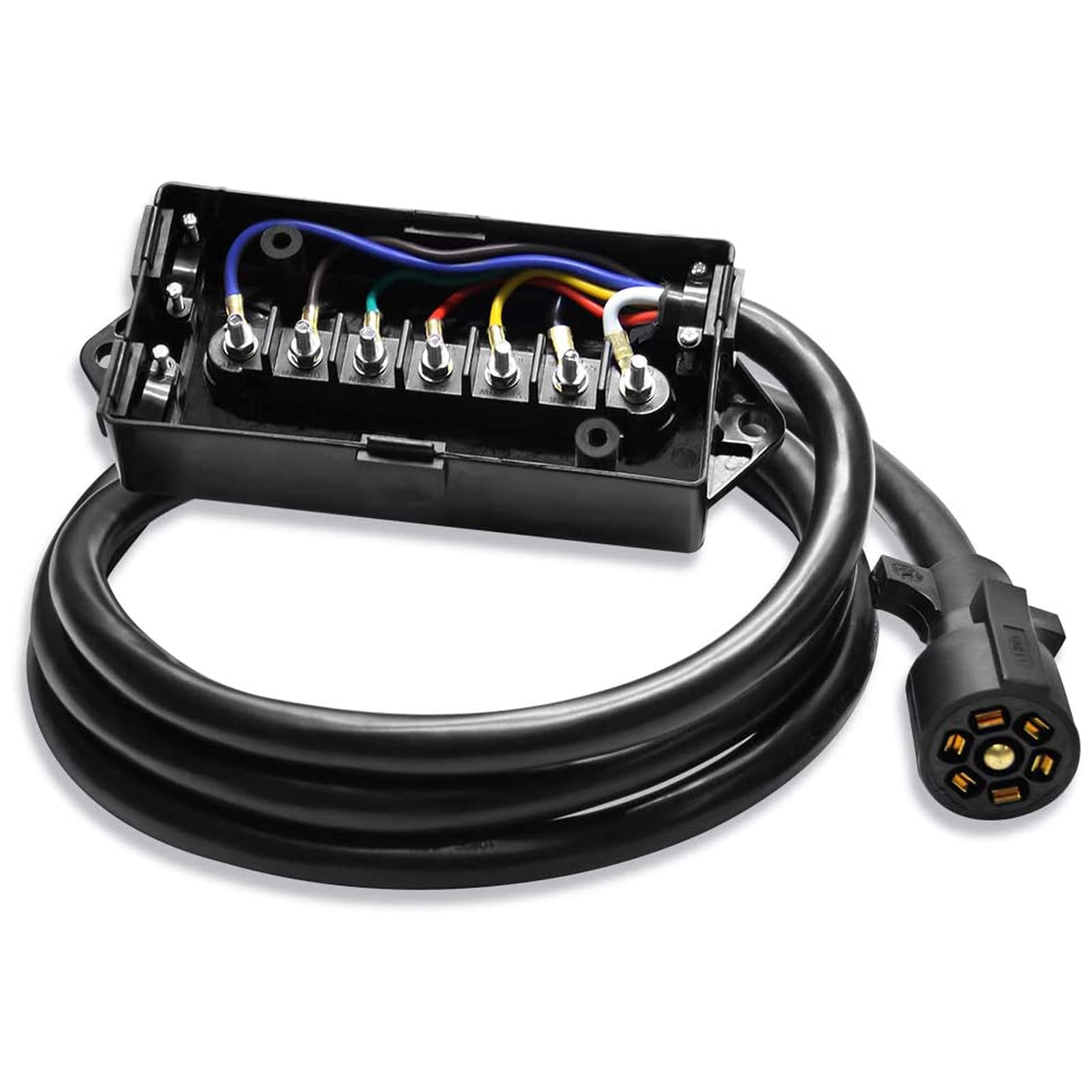 OPL5 7 Way Trailer Plug 8 Feet Heavy Duty Inline Trailer Cord with 7 Gang Wiring Junction Box Weatherproof 7 Pin Trailer Wiring Harness Include Plug Holder for Campers Caravans Food Vans
