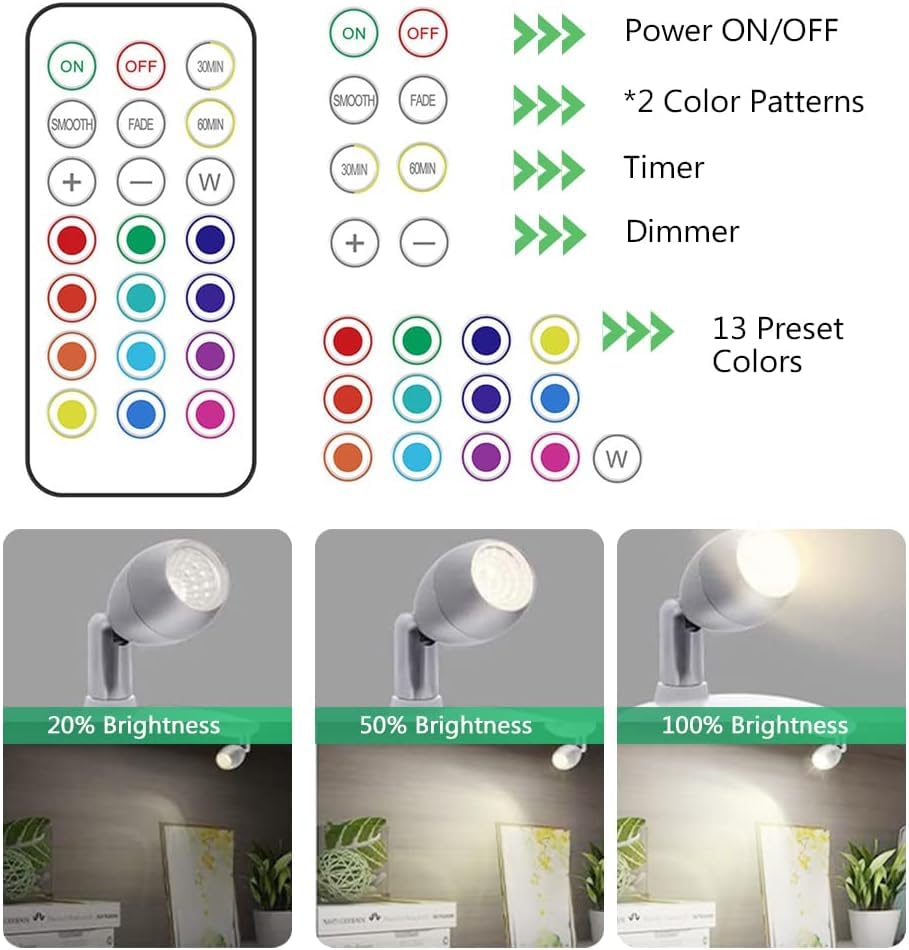 KINDEEP RGB Wireless LED Spotlight, Battery Operated Accent Lights, Indoor Mini Puck Light, Dimmable Uplight with Remote, 4000K Warm White, Stick on Wall Light with Rotatable Head, Silver, 2 Pack