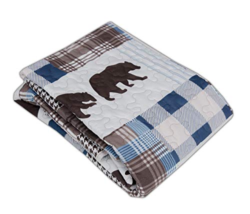Rustic Modern Farmhouse Cabin Lodge Quilted Couch Sofa Loveseat Armchair Chair Recliner with Patchwork of Grizzly Bears and Buffalo Plaid Check Houndstooth Patterns Beige Blue - Western 2 (Chair)