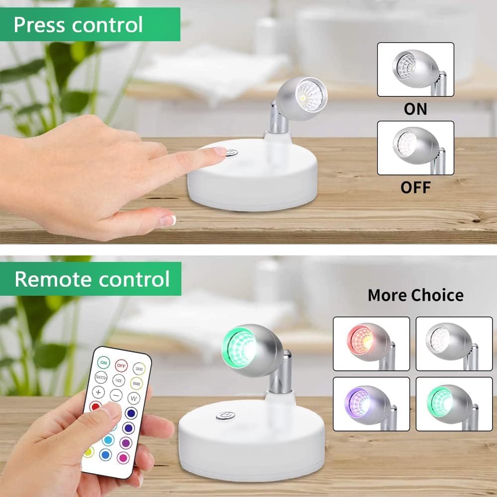 KINDEEP RGB Wireless LED Spotlight, Battery Operated Accent Lights, Indoor Mini Puck Light, Dimmable Uplight with Remote, 4000K Warm White, Stick on Wall Light with Rotatable Head, Silver, 2 Pack